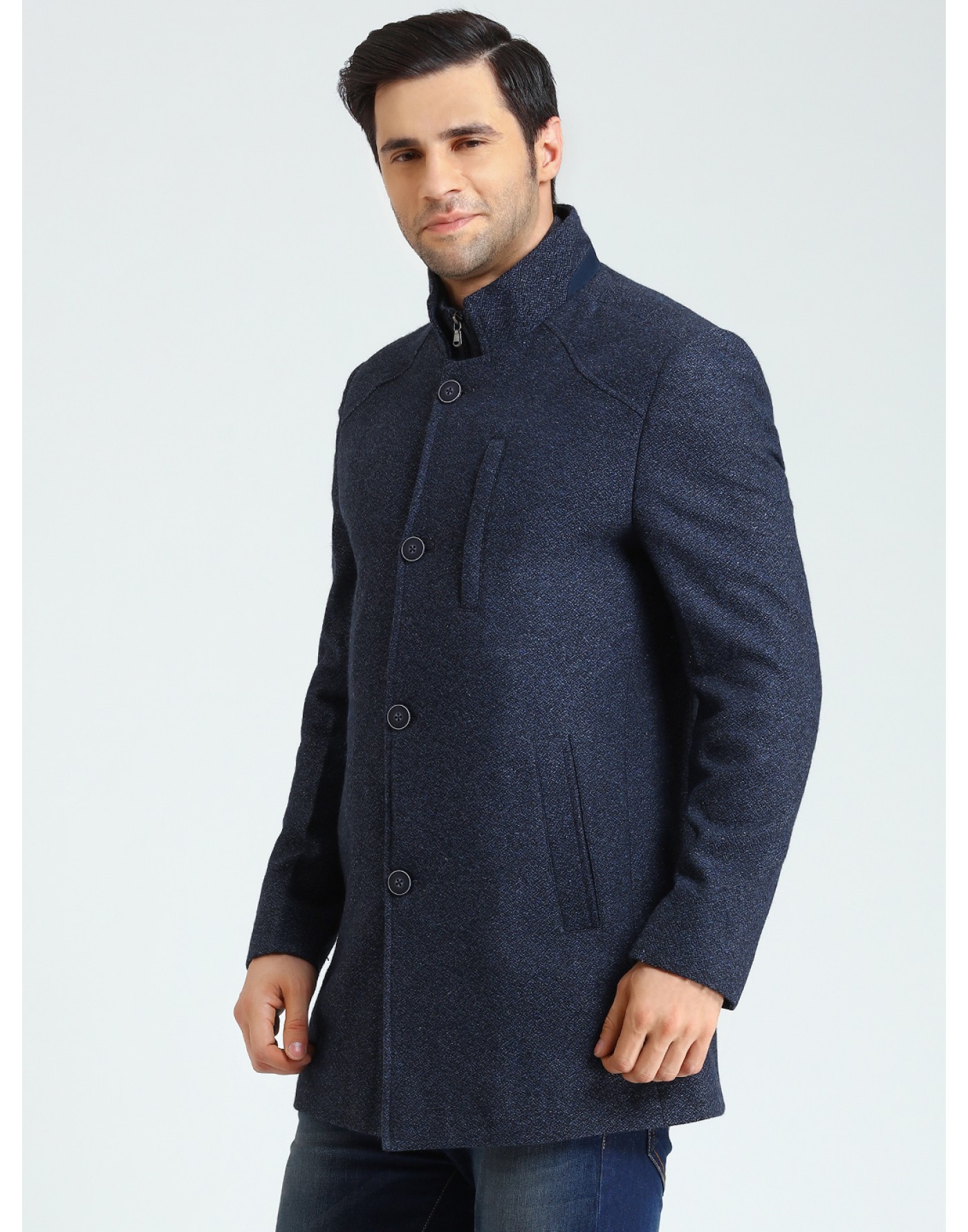 Shop ACROWOOL COAT MEN NAVY MIXTURE at Woollen Wear